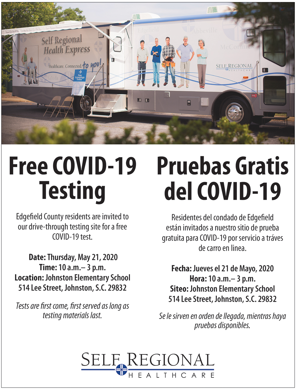 Free Coronavirus testing for Edgefield County on May 21, 2020 - Self ...